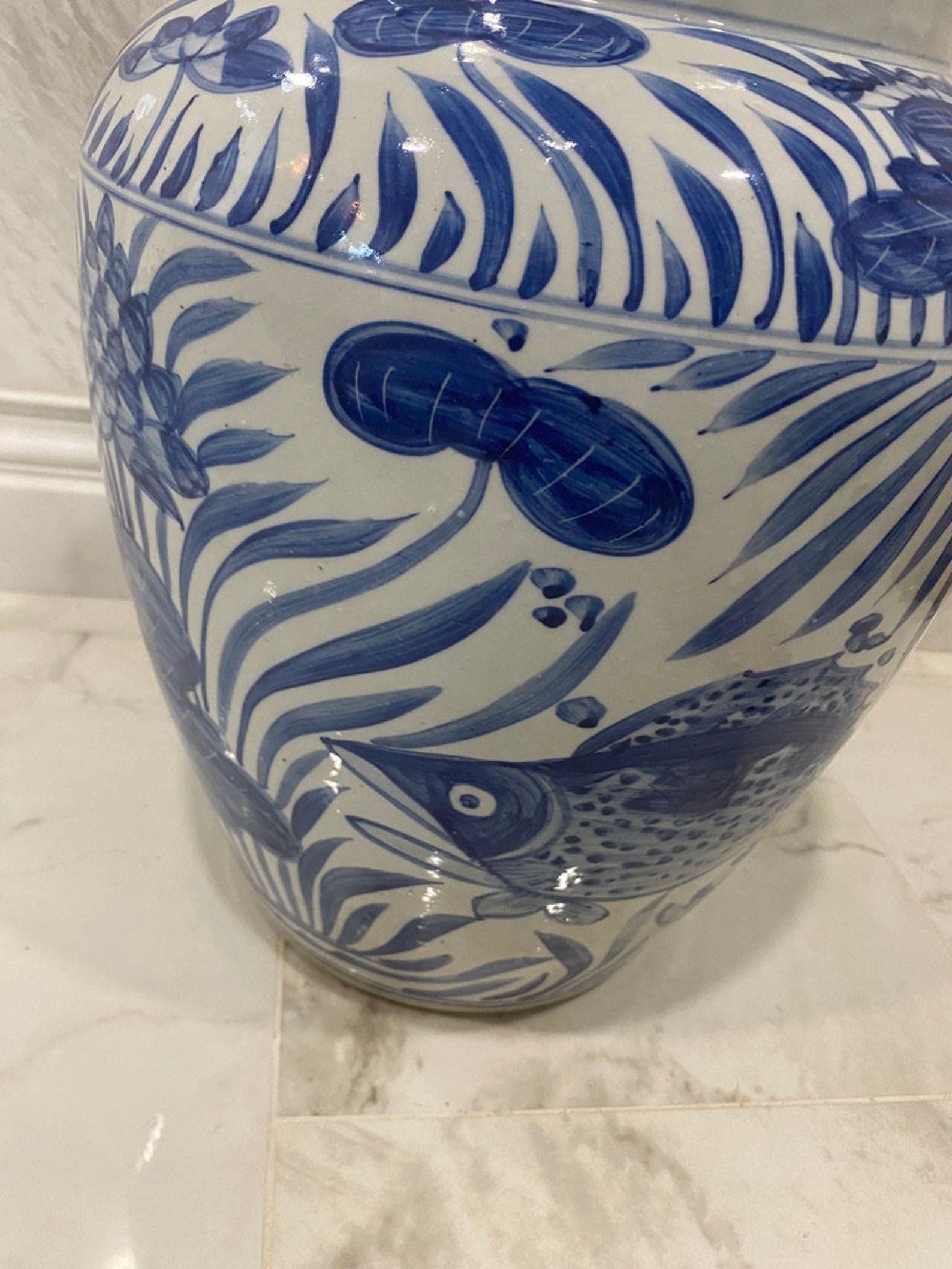 Blue and White Chinese Fish Vase - Etsy