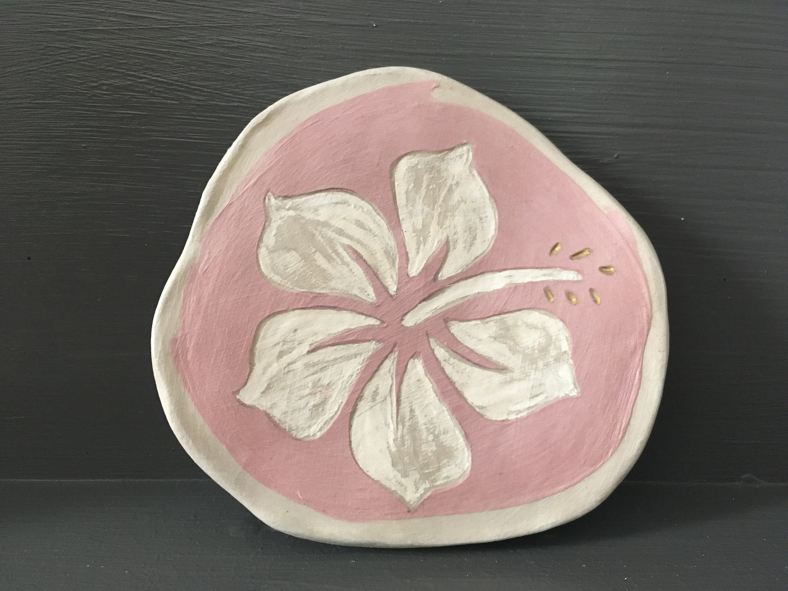 White Hibiscus Flower Sgraffito Clay Decor, Clay Carving, Pottery Art ...