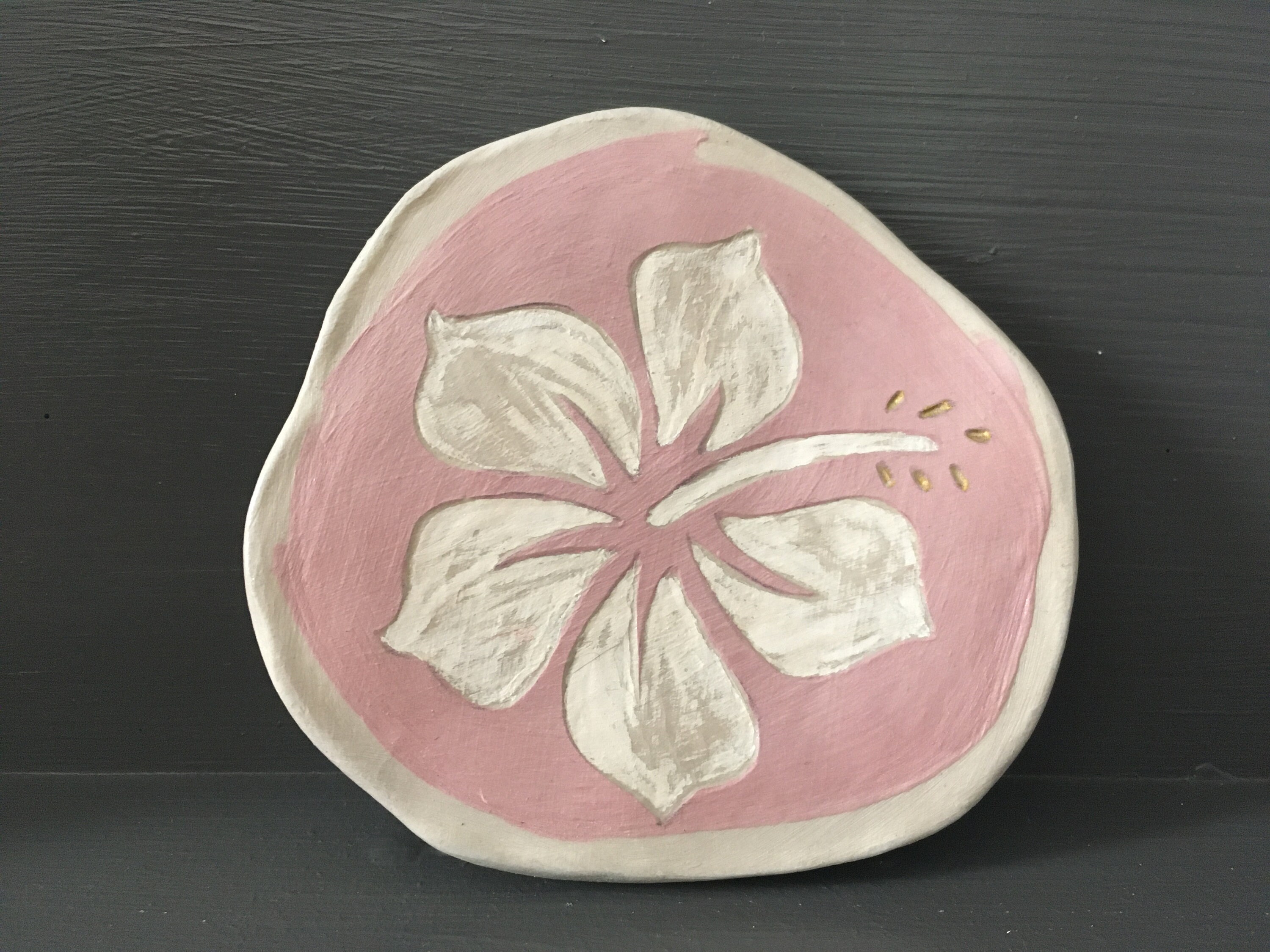 White Hibiscus Flower Sgraffito Clay Decor, Clay Carving, Pottery Art ...
