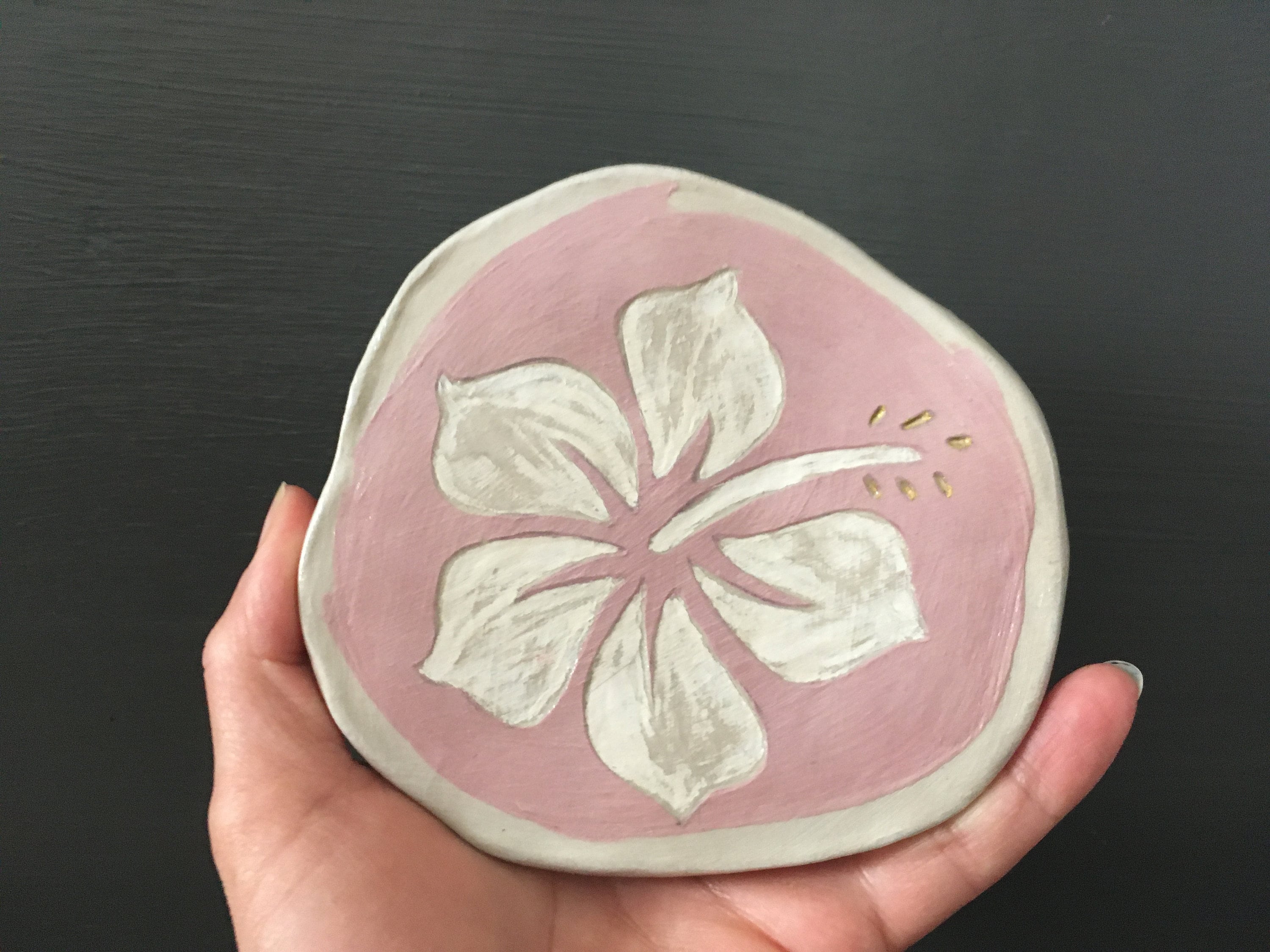 White Hibiscus Flower Sgraffito Clay Decor, Clay Carving, Pottery Art ...