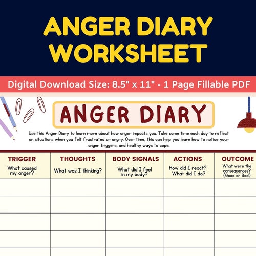 Anger Diary Fillable Worksheet Kids Children Teens Anger - Etsy UK
