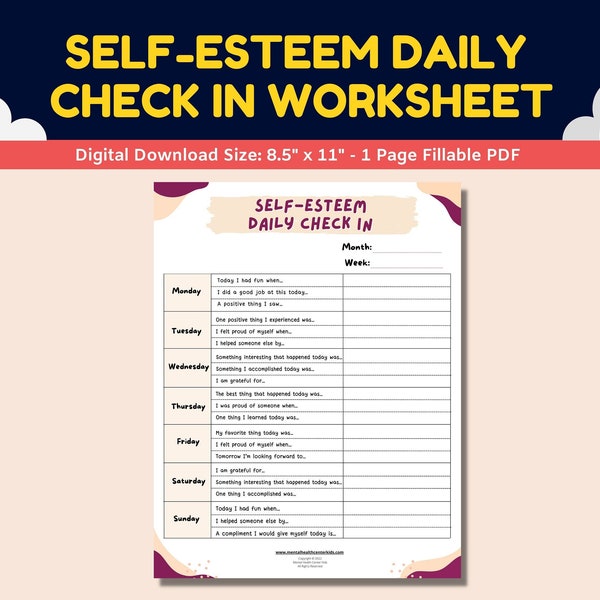 Self Esteem Worksheet for Therapist Adults - Etsy