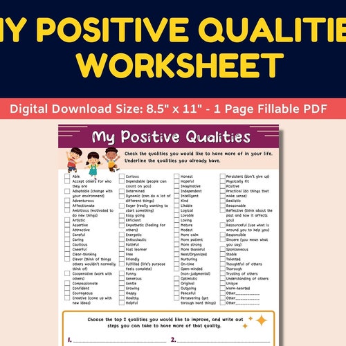 My Positive Qualities Self-esteem Worksheet for Kids Teens - Etsy