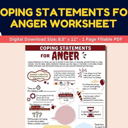 Anger Coping Statements Worksheet Kids Teens Anger Management - Etsy