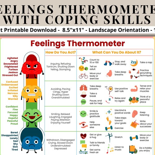 Feelings Thermometer Chart With Coping Skills Emotions - Etsy