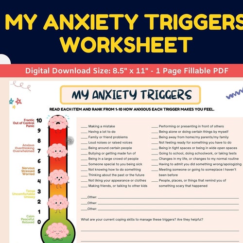 Anxiety Triggers Fillable Worksheet Kids Children With Anxiety - Etsy