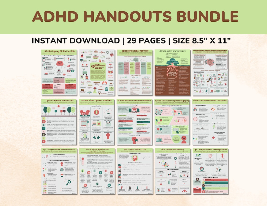 ADHD/ADD Handouts Bundle for Kids-teens-29 Pgs-attention Deficit ...