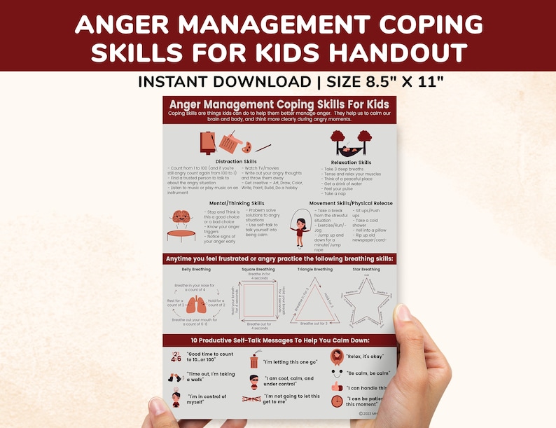 Anger Management Coping Skills for Kids Printable Handout -anger ...