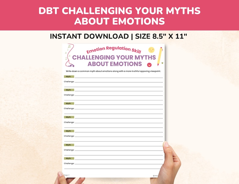 DBT Myths About Emotions Worksheets 5-pages-emotion Regulation Skills ...