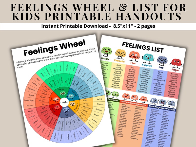 Feelings Wheel & List Emotions for Kids Printable Handouts - Etsy