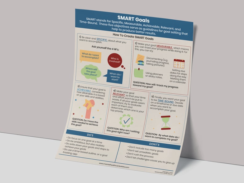 SMART Goals Handout Printable Poster for Kids Teens, Goal Setting Tips ...