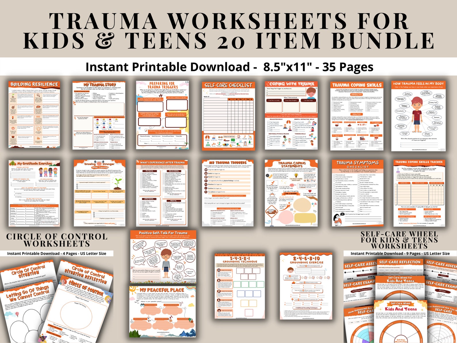 Trauma PTSD Worksheets 20 Item Printable Bundle for Kids & - Etsy