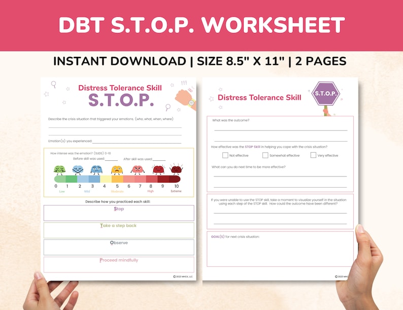 DBT STOP Skill Worksheet 2-pages-distress Tolerance Skills Fillable Pdf ...