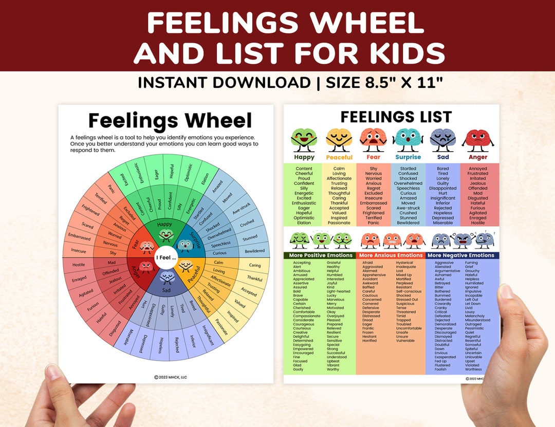 Feelings Wheel & List Emotions for Kids Printable Handouts Emotion ...