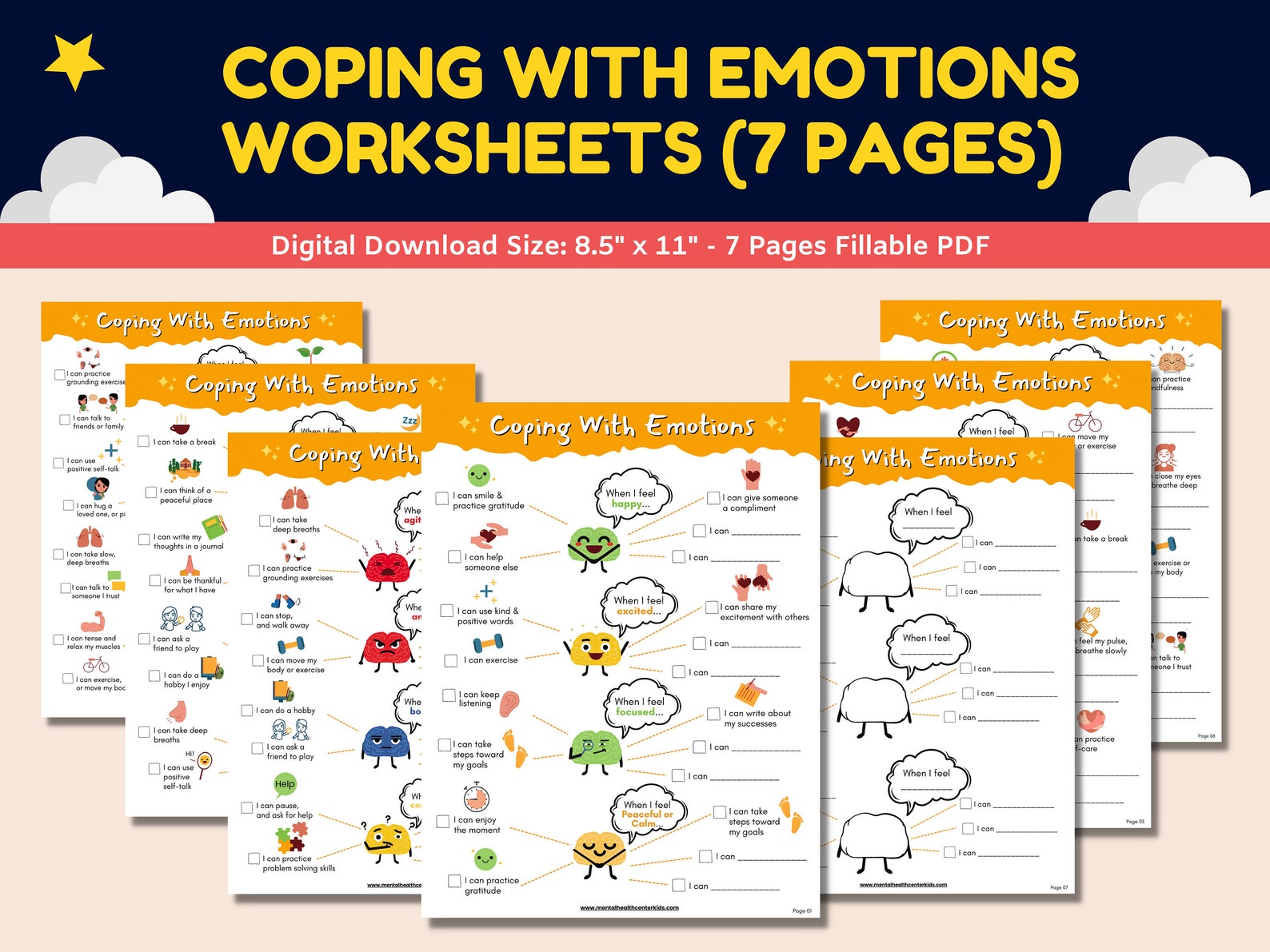 Coping Skills Emoji Worksheets for Kids 7 Pages-feelings Emotions Chart ...