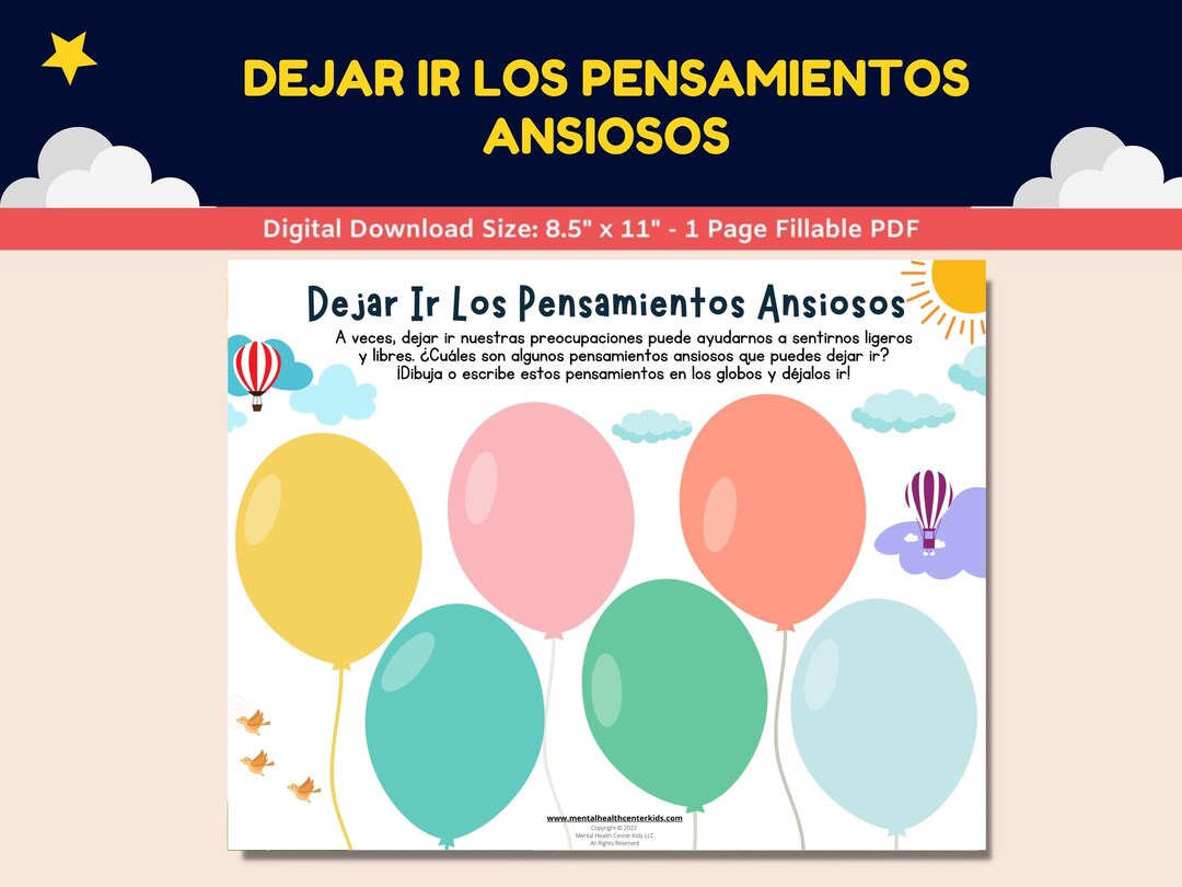 Spanish Anxiety Worksheet for Kids-teens - Dejar Ir Los Pensamientos ...