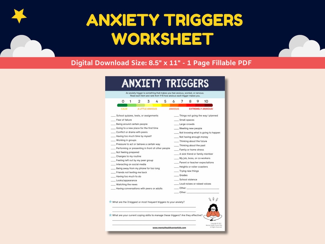Anxiety Triggers Fillable Worksheet Teens Adolescents Printable Therapy