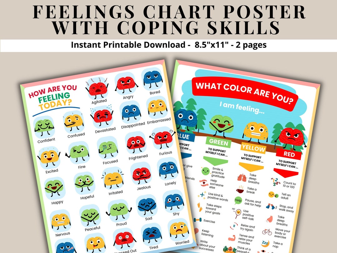 Emotions Poster Feelings Chart Coping Skills 2pg Set Kids - Etsy
