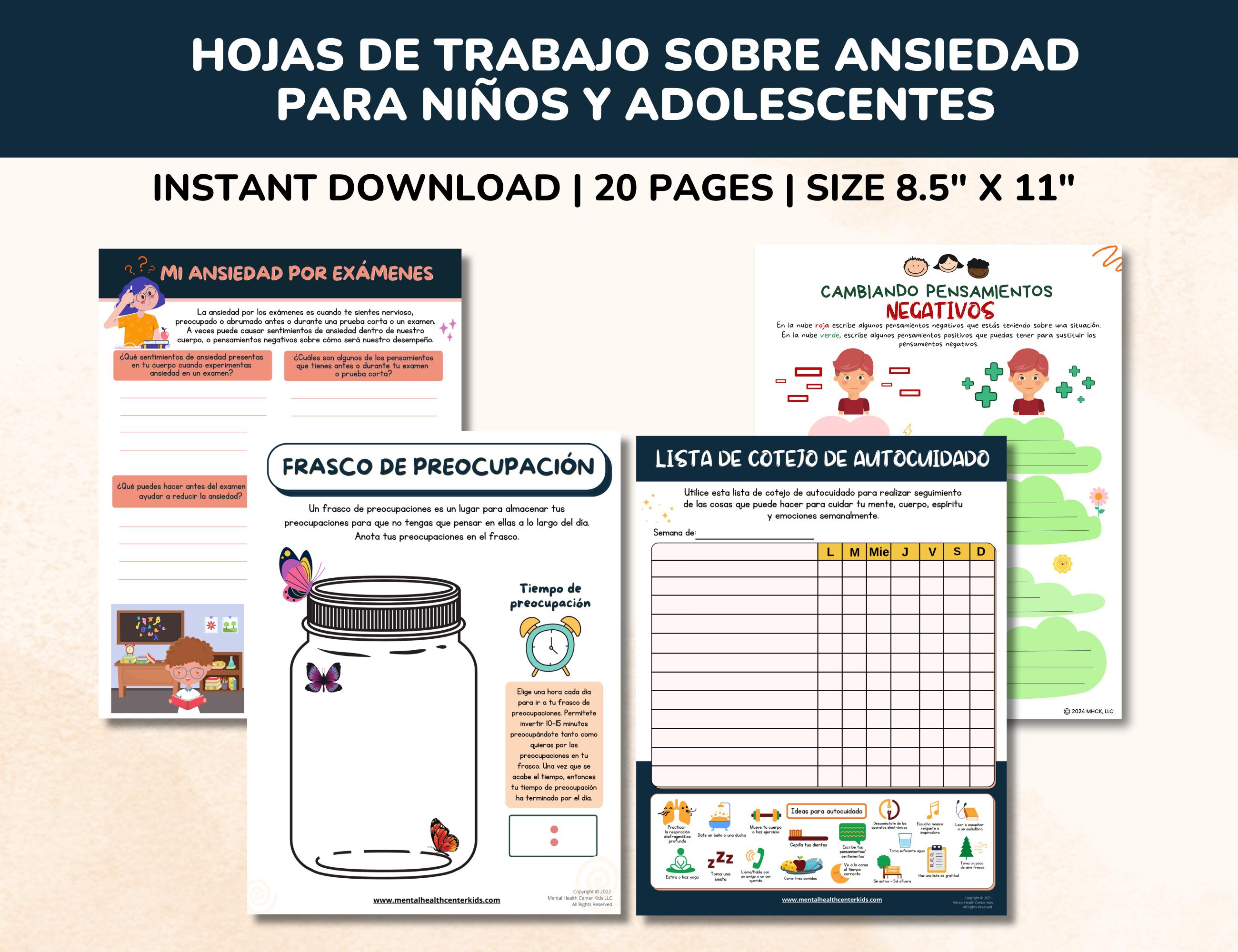 Spanish Anxiety Worksheets 20 Page Bundle for Kids-teens - Hojas De ...