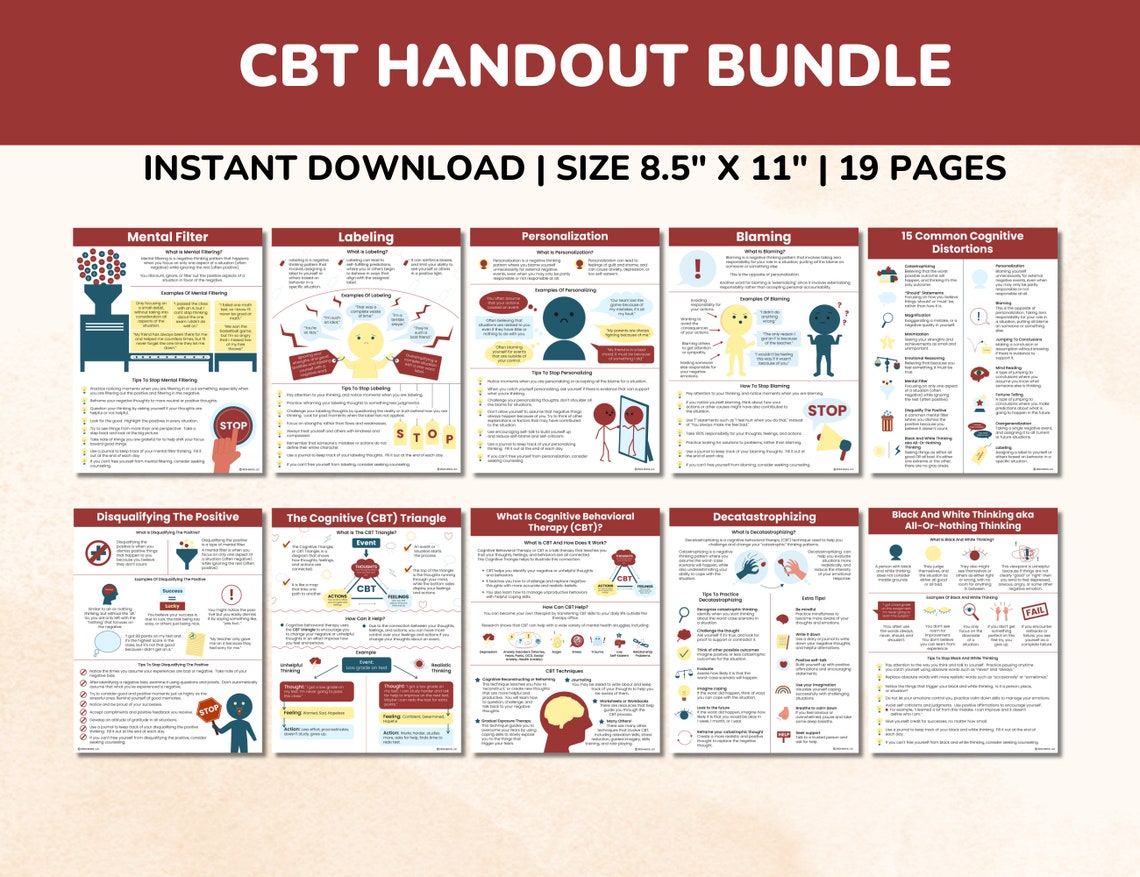 CBT Handouts Therapy Worksheets Bundle-kids-teens-adults-19 Pgs ...