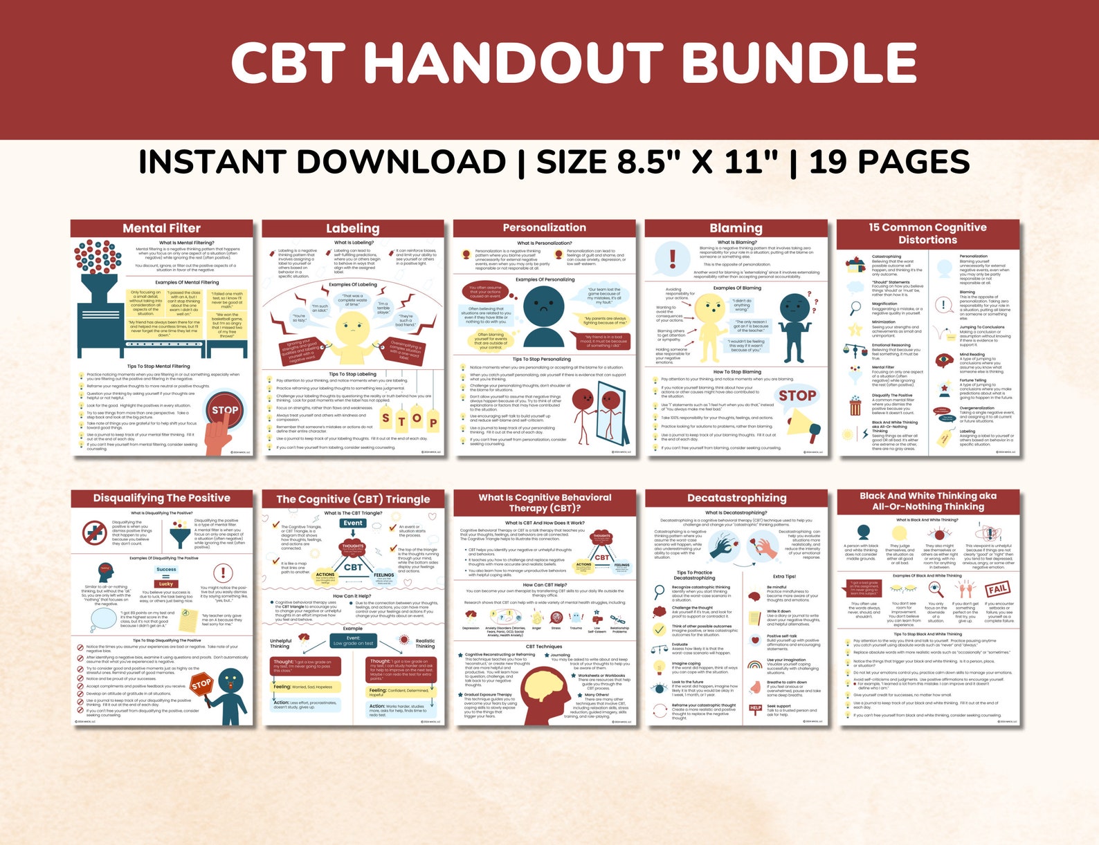 CBT Handouts Therapy Worksheets Bundle-kids-teens-adults-19 Pgs ...