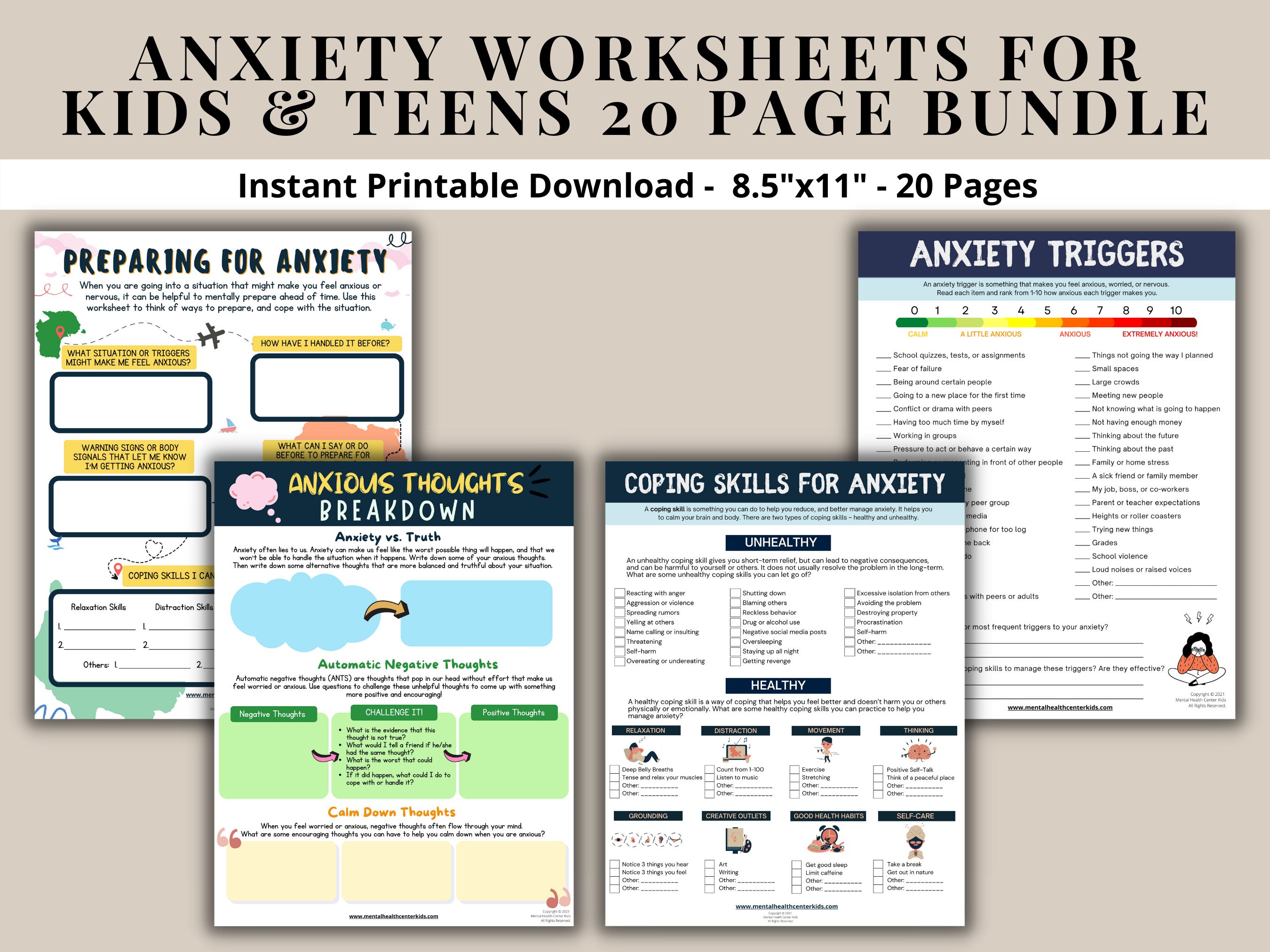 Anxiety Worksheets 20 Pg Printable Bundle for Kids & | Etsy