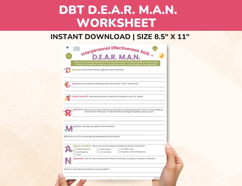 DBT DEAR MAN Worksheet 2-page Fillable Pdf-interpersonal Effectiveness ...