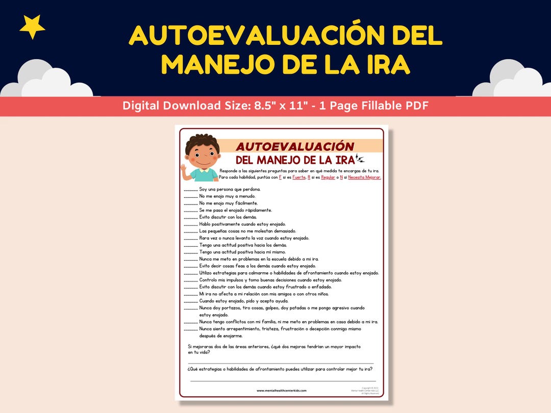 Spanish Anger Management Worksheet for Kids-teens - Autoevaluacion Del ...