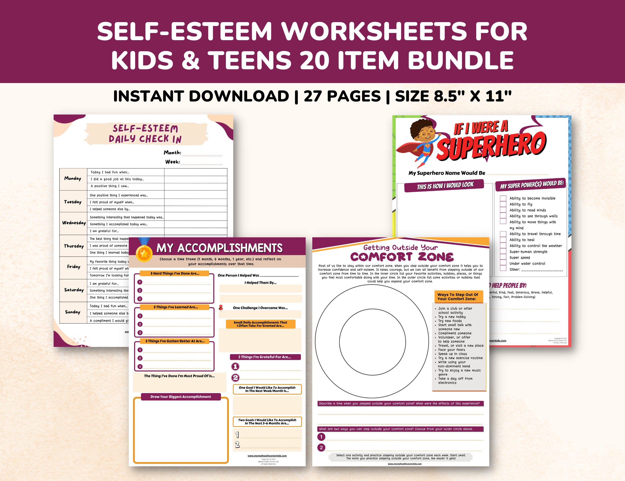 Self-esteem Worksheets 20 Item Printable Bundle for Kids & Teens-mental ...