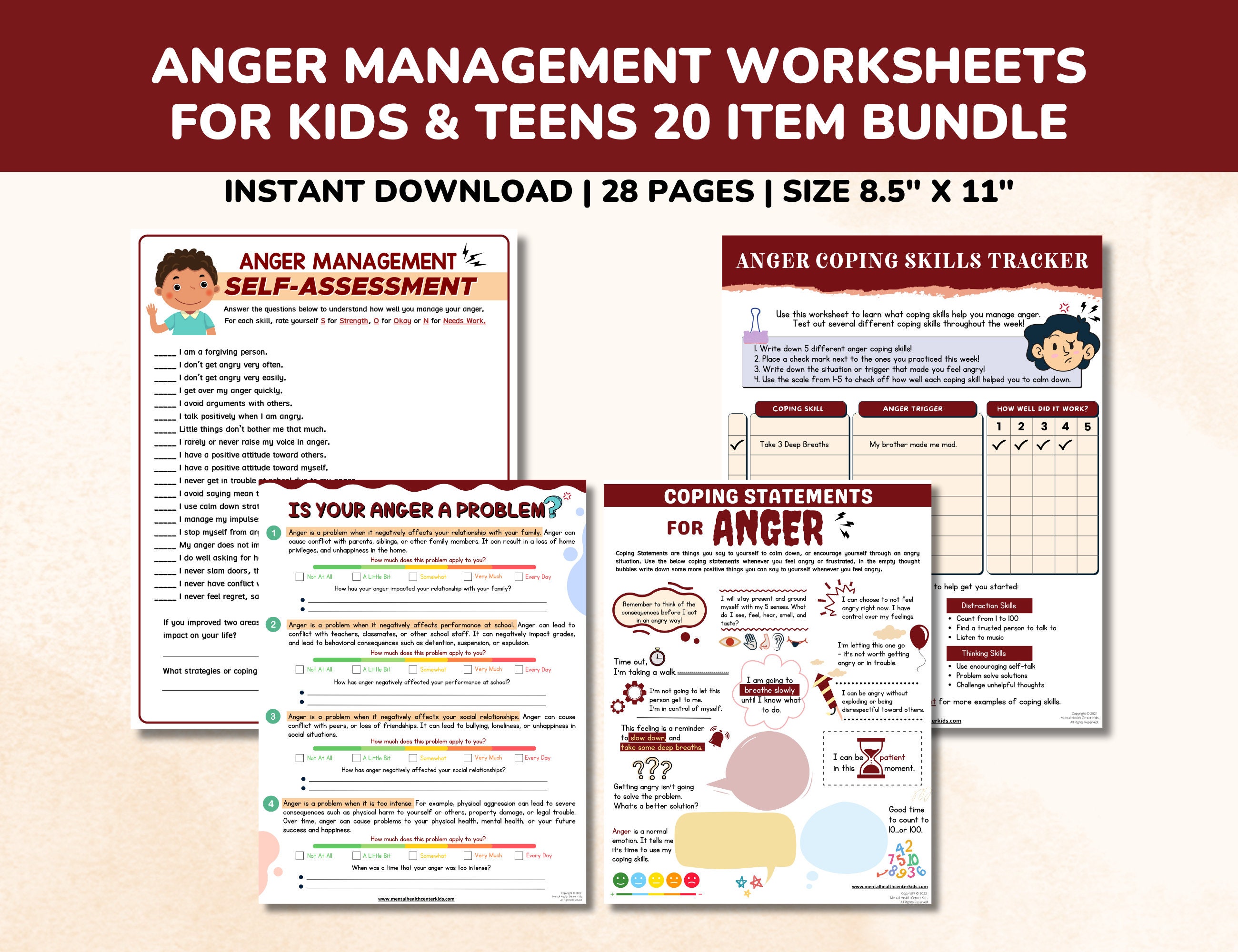 Anger Management Worksheets 20 Item Printable Bundle for Kids & Teens ...