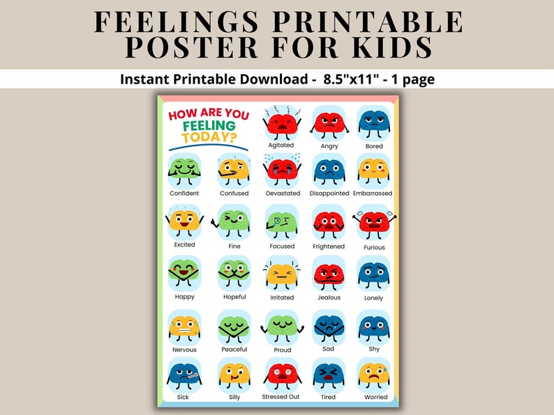 Feelings Chart Emotions Poster for Kids Teens Printable How | Etsy