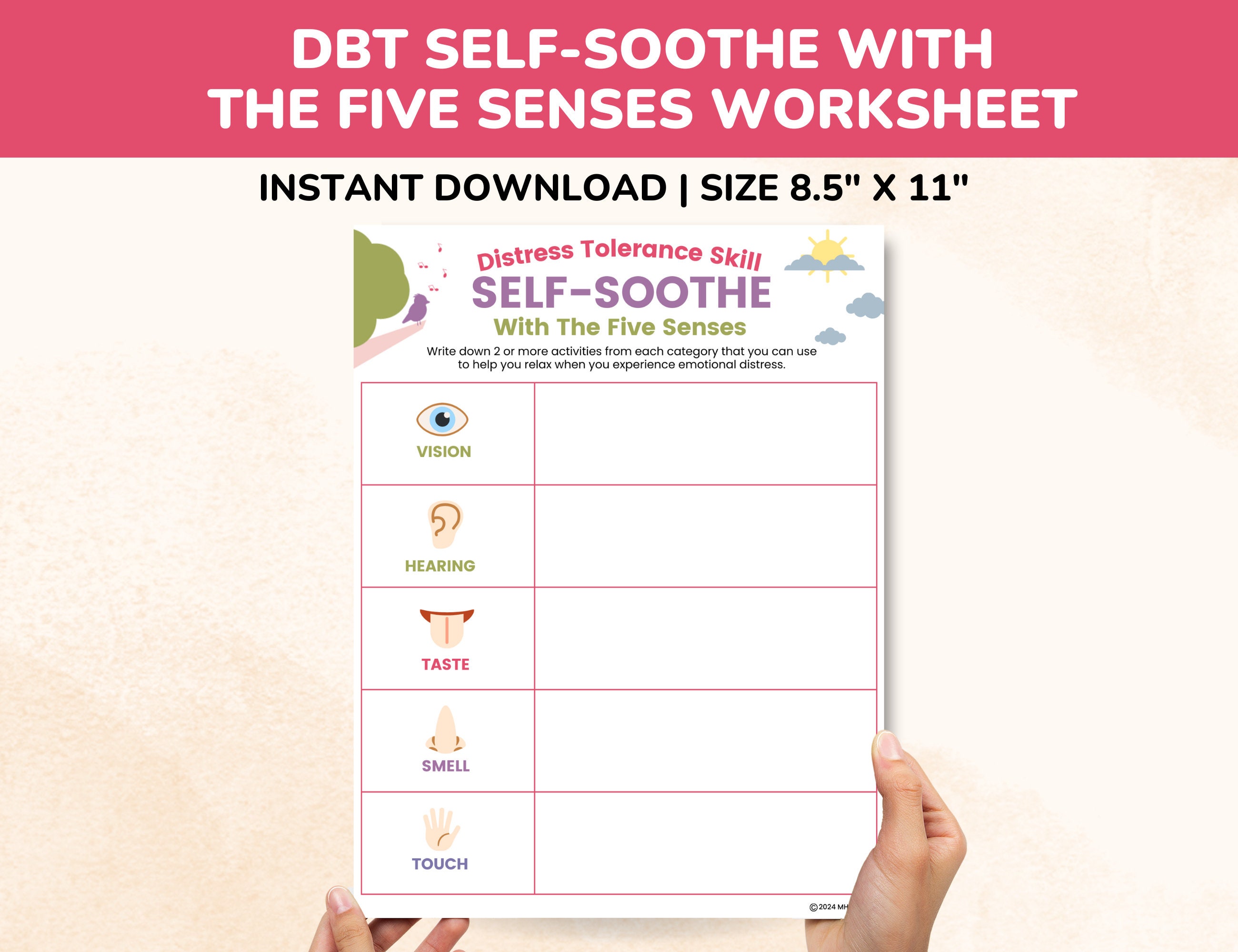 DBT Self-soothing Worksheet With 5 Senses 3-pages-distress Tolerance ...