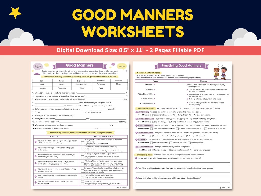 Good Manners Social Skills Worksheets for Kids-teens-students | Child ...