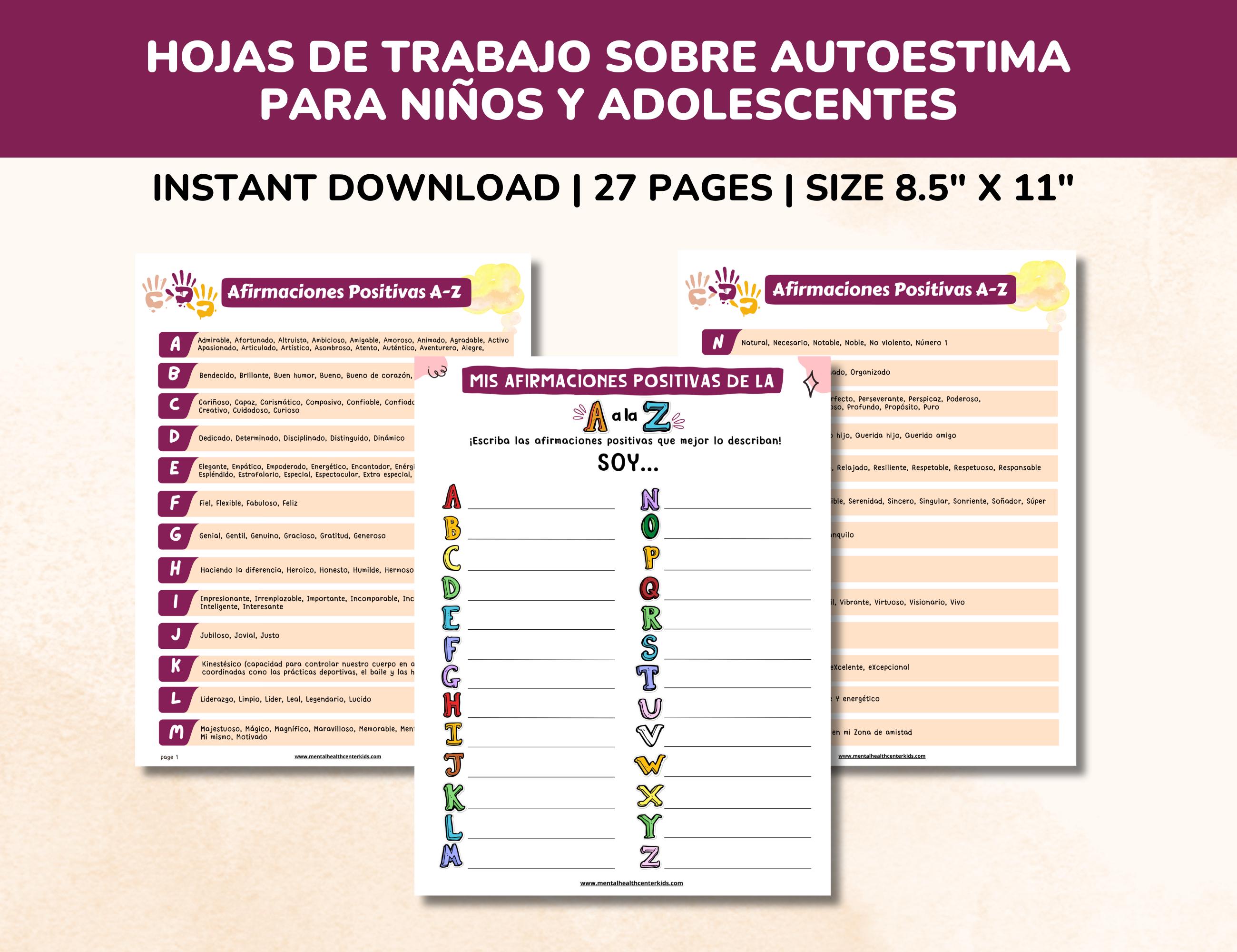 Spanish Self-esteem Worksheets 20 Item Bundle for Kids-teens - Hojas De ...