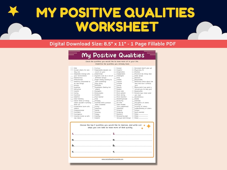 My Positive Qualities Self-esteem Worksheet for Kids Teens Self ...