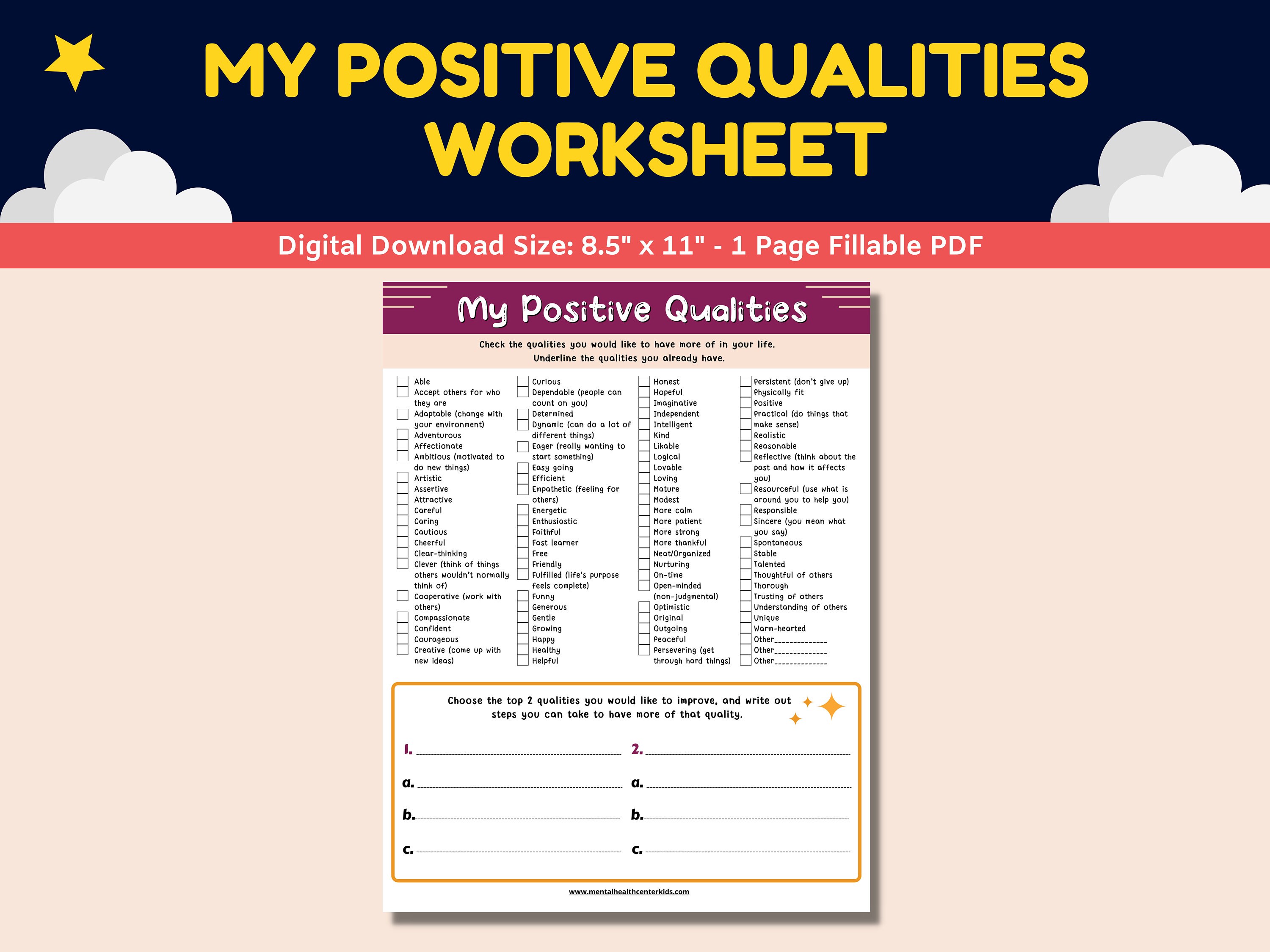 My Positive Qualities Self-esteem Worksheet for Kids Teens Self ...
