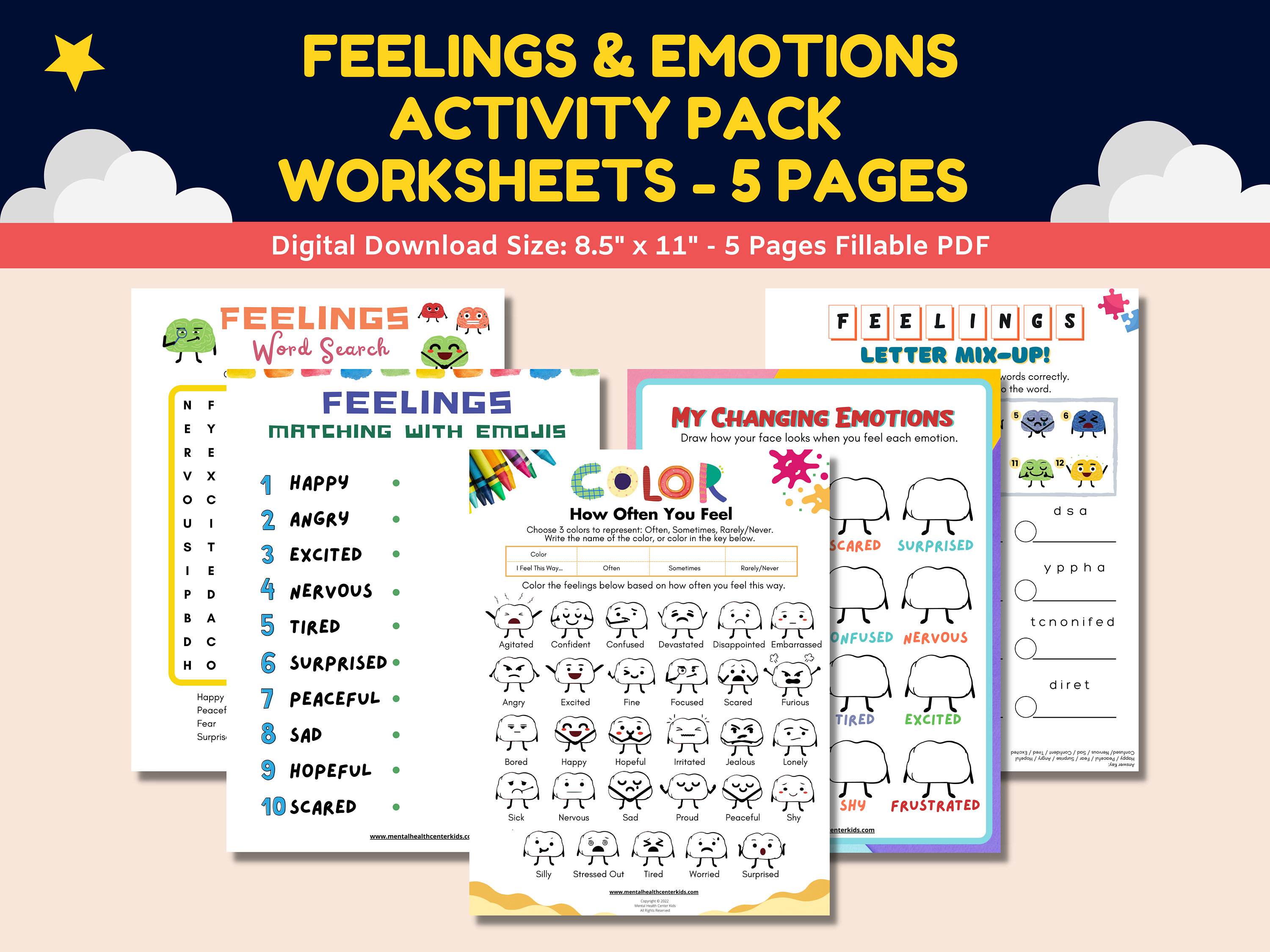 Feelings Emotions 5 Pg Printable Emoji Activity Pack Worksheets for ...