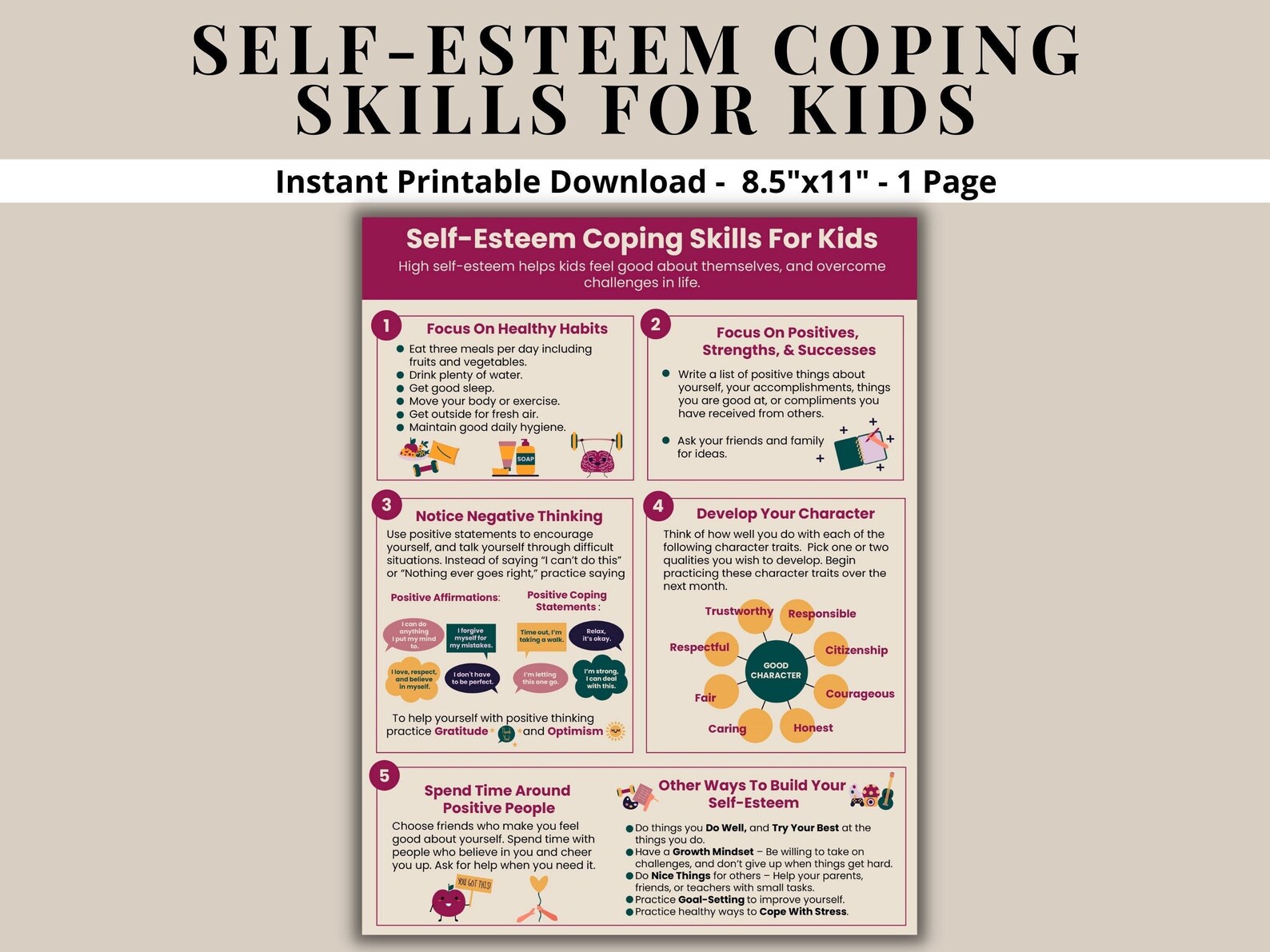 Self-esteem Coping Skills for Kids Children Printable Poster | Etsy