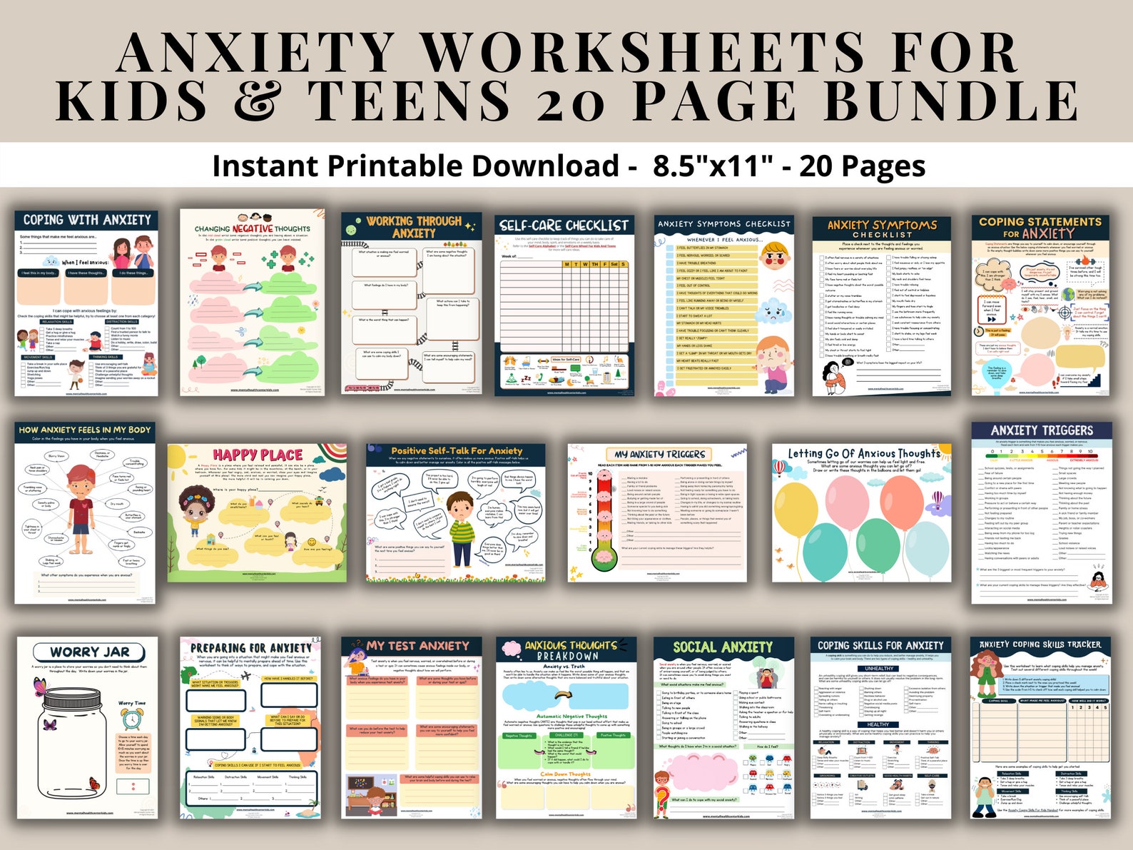 Anxiety Worksheets 20 Pg Printable Bundle for Kids & - Etsy
