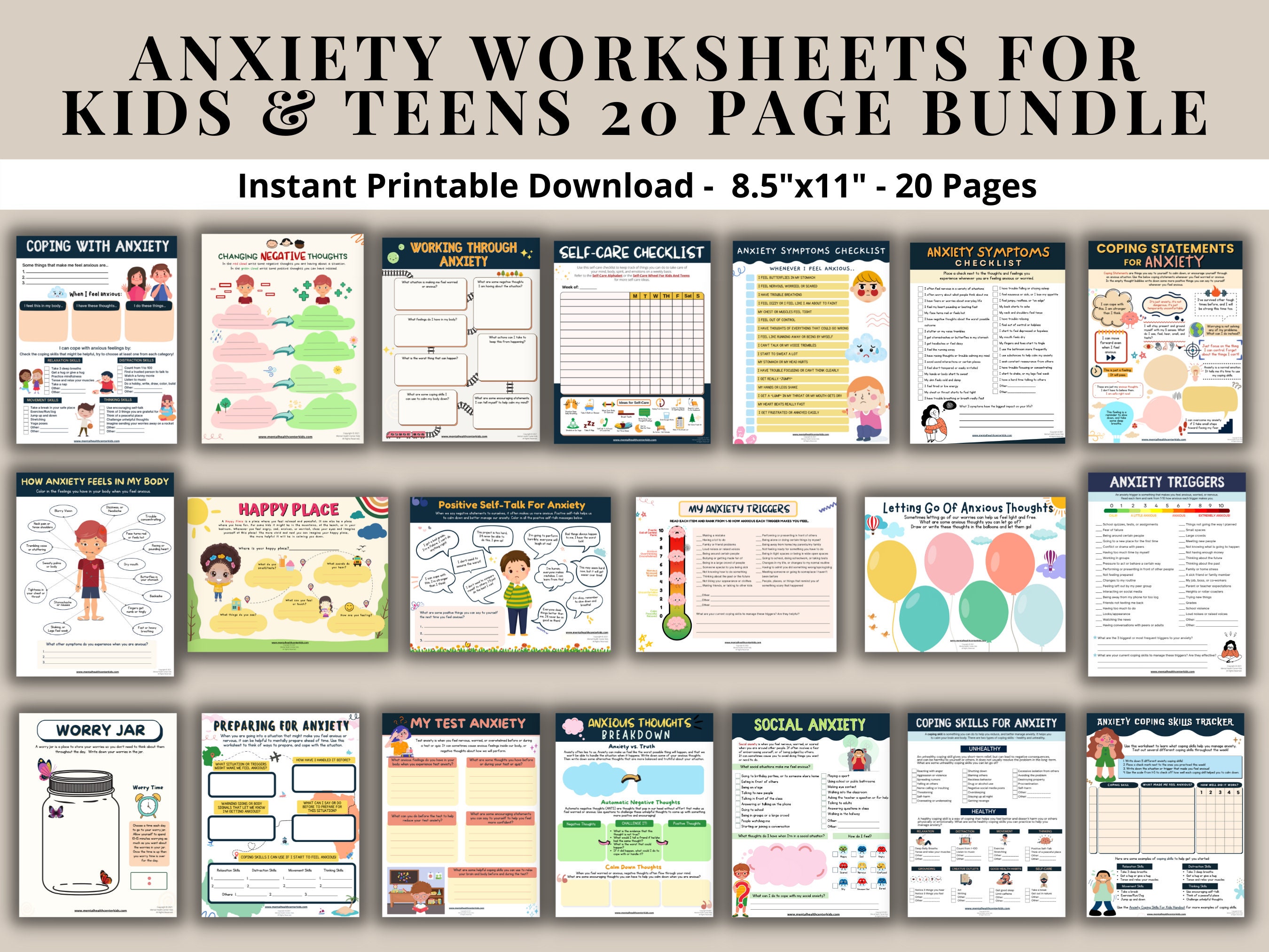Anxiety Worksheets 20 Pg Printable Bundle for Kids & | Etsy