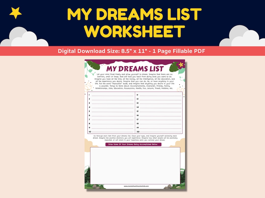 My Dreams List Self-esteem Growth Mindset Printable Worksheet Kids ...