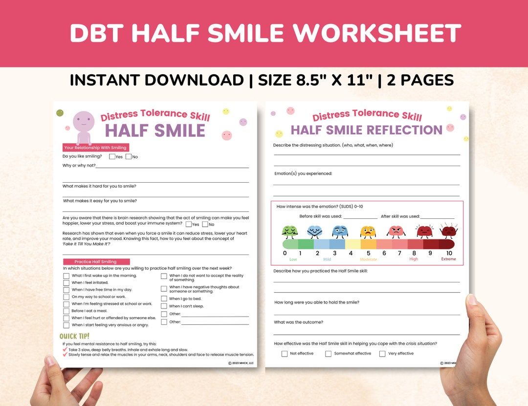 DBT Half Smile Worksheet 2-pages-distress Tolerance Skills Fillable Pdf ...