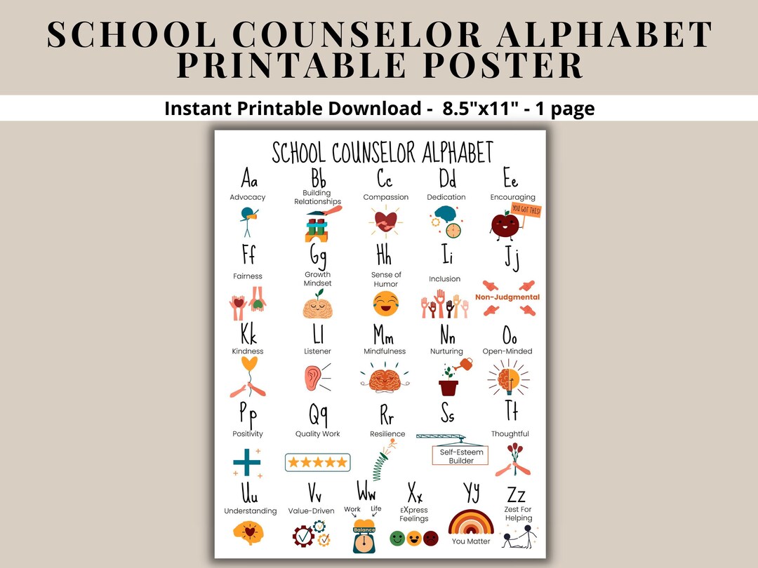 School Counselor Alphabet Printable Poster Gift Gifts ABC - Etsy