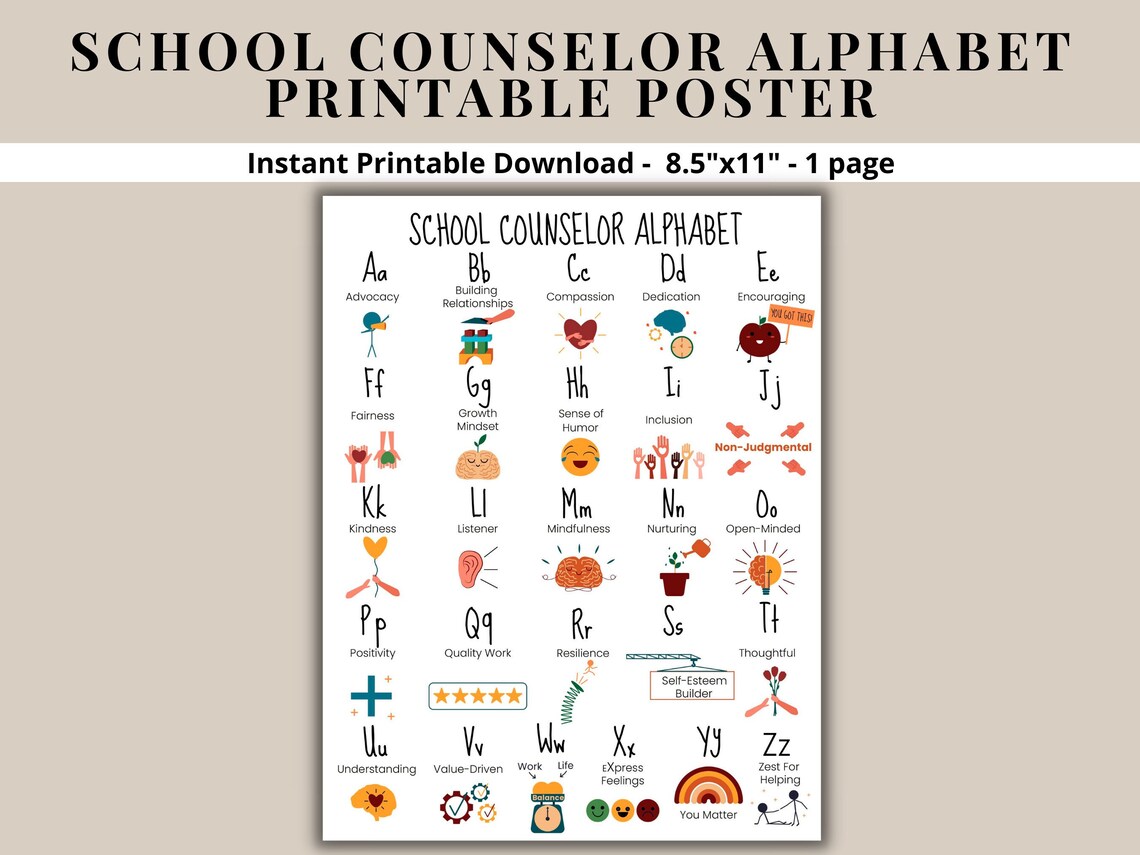 School Counselor Alphabet Printable Poster Gift Gifts ABC - Etsy