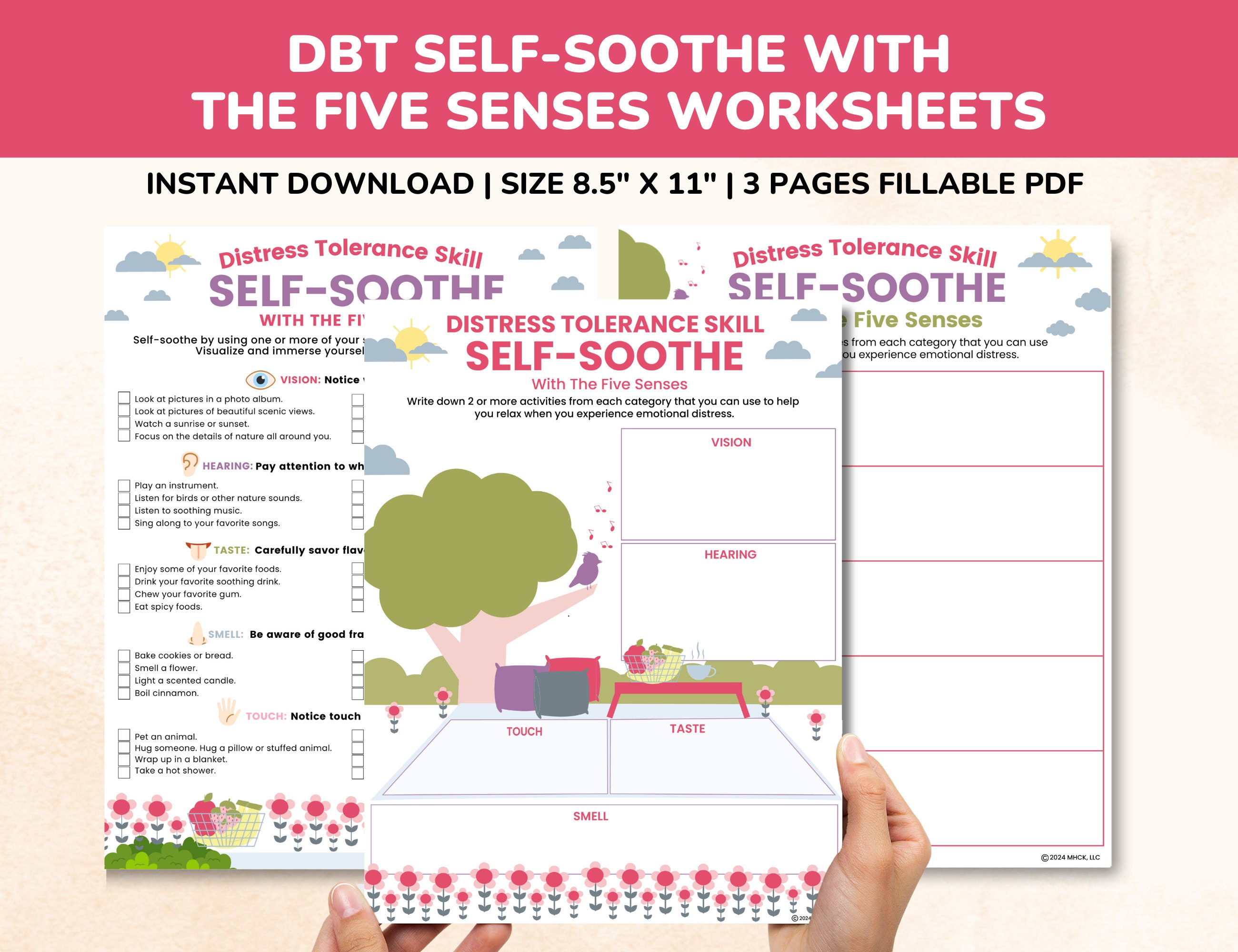 DBT Self-soothing Worksheet With 5 Senses 3-pages-distress Tolerance ...