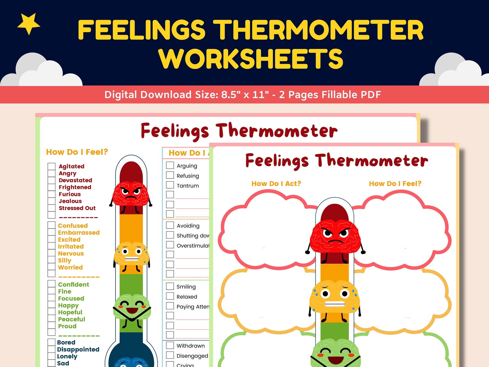 Feelings Thermometer Emotions Chart 7 Page Printable Coping - Etsy