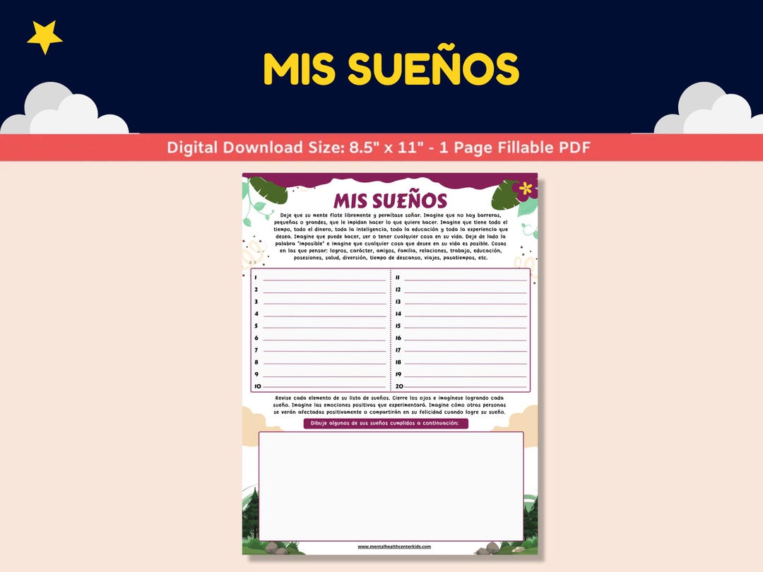 Spanish Self-esteem Worksheet for Kids-teens - Mis Sueños - My Dreams ...