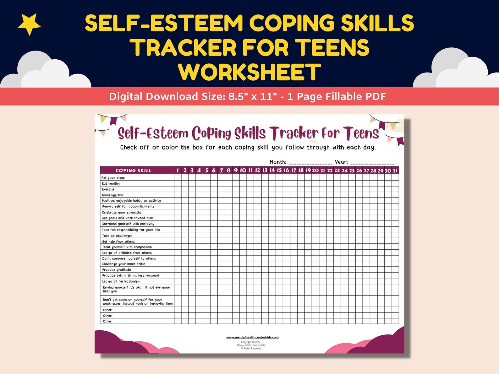 Self-esteem Coping Skills Tracker for Teens Fillable Worksheet | Etsy