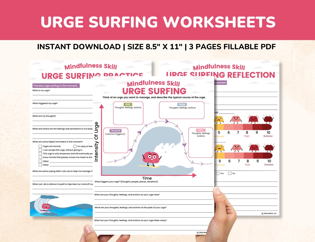 DBT Urge Surfing Worksheets 3 Pages-mindfulness Skills Fillable Pdf ...