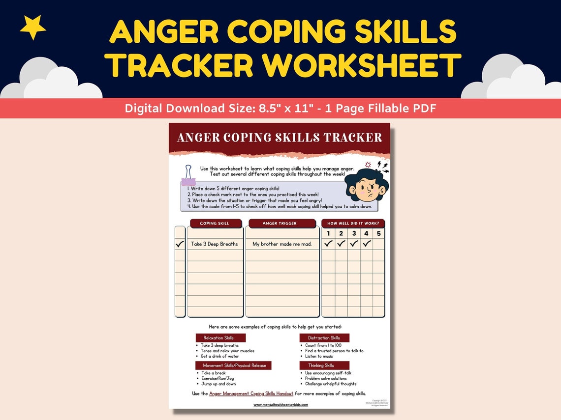 Anger Management Coping Skills Tracker Fillable Worksheet Kids | Etsy